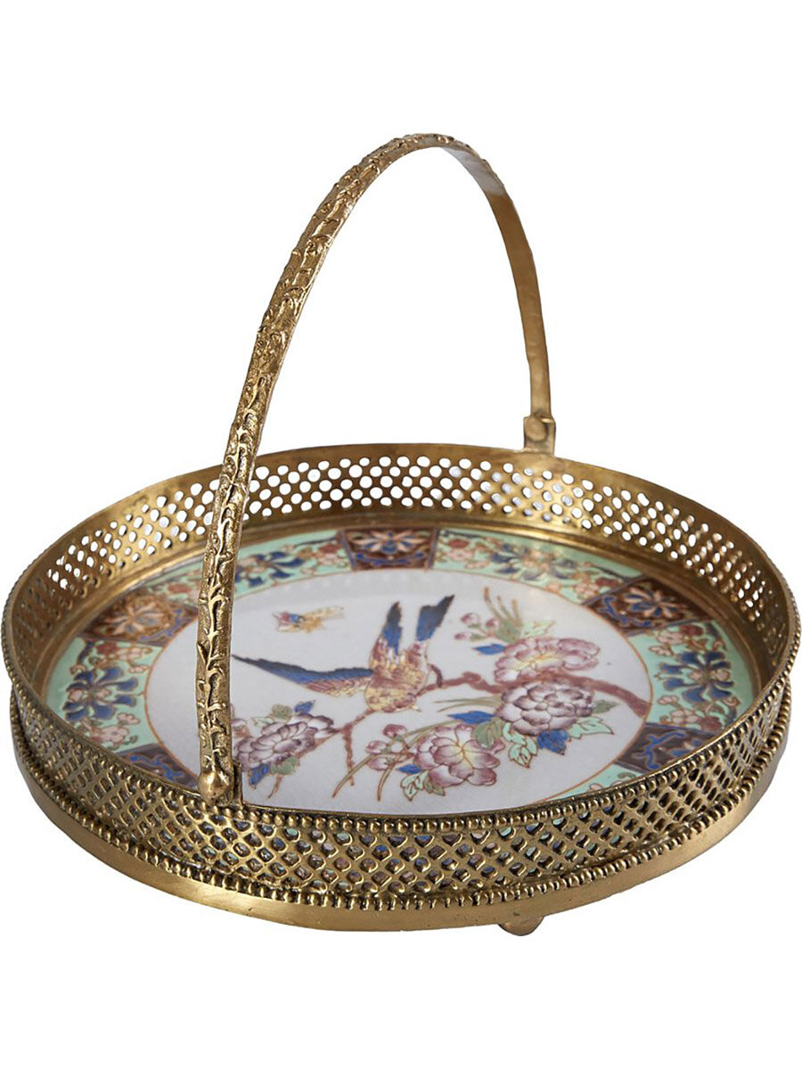 Блюдо сервировочное Glasar с ручкой 20х20х18 см, фарфор и бронза