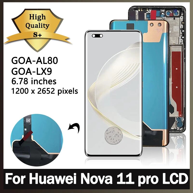 6,78 "Новый ЖК-дисплей для Huawei nova 11 Pro GOA-AL80 GOA-LX9, дигитайзер сенсорного экрана для nova 11 Pro 11 Pro, отпечаток пальца Green With Frame