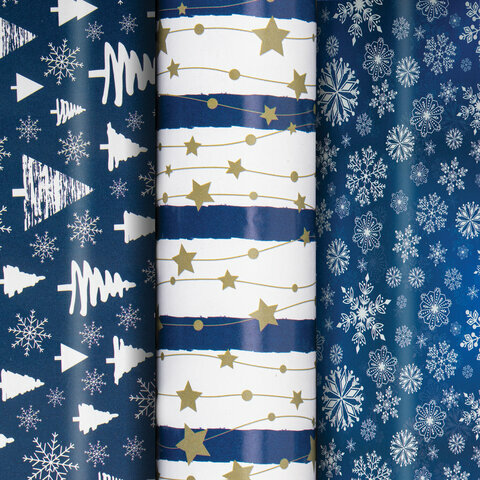 Бумага упаковочная новогодняя набор 3 шт, "Blue Collection", 70х100 см, 3 дизайна, золотая сказка, 592058