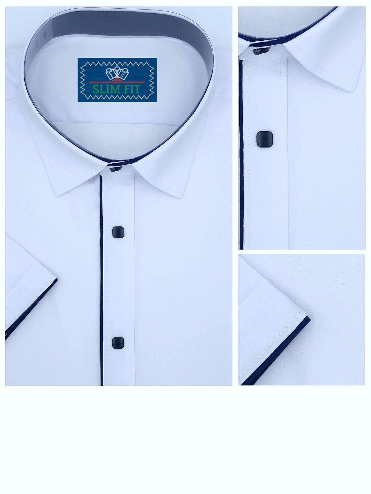 Рубашка приталенная с коротким рукавом мужская рубашка, светлая сорочка, на кнопках, рубаха на любой сезон, белая однотонная, без карманов, с отделкой рубашка Slim fit с приталенным кроем зауженная