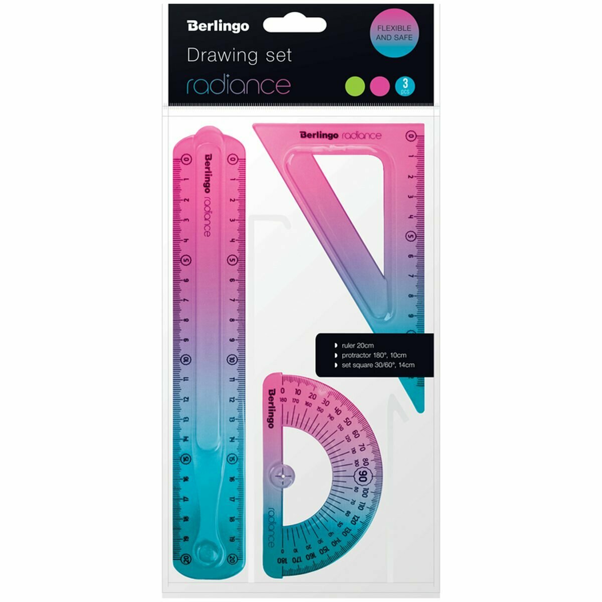 Набор чертежный средний Berlingo Radiance (треугольник 14см, линейка 20см, транспортир) гибкий, розовый/голубой градиент, 24 уп. (RS_10220)
