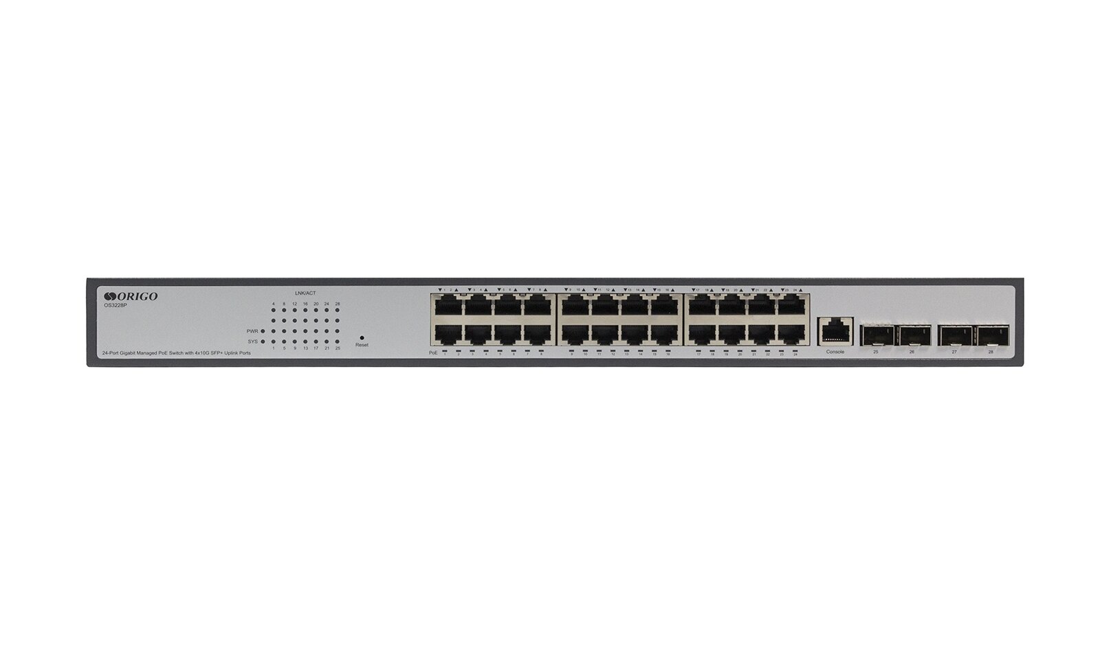 Коммутатор ORIGO Managed L3 Switch 24x1000Base-T PoE, 4x10GBase-X SFP+, PoE Budget 370W, RJ45 Console, 19 w/brackets