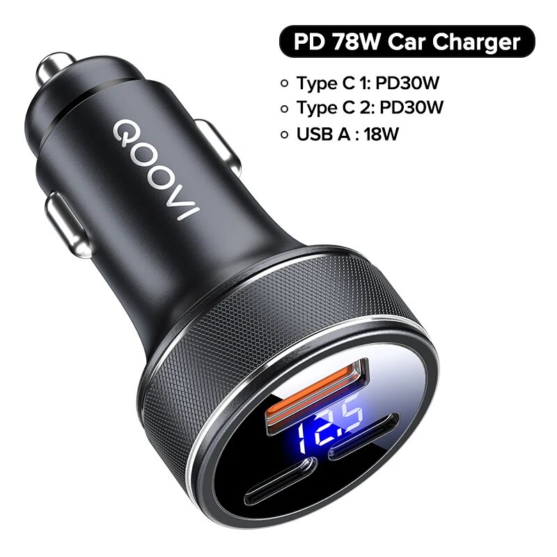 Автомобильное зарядное QOOVI 78W, 3 порта, Type C PD30W, USB 18W, Black