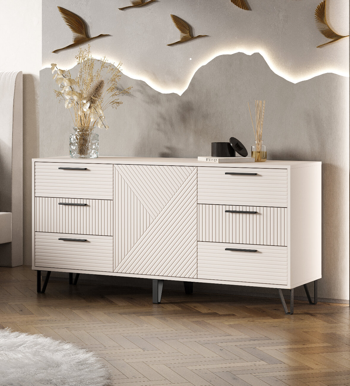 Комод Флэш 1.5 метра. С ящиками. На ножках. ЛДСП/МДФ Кашемир/Кашемир