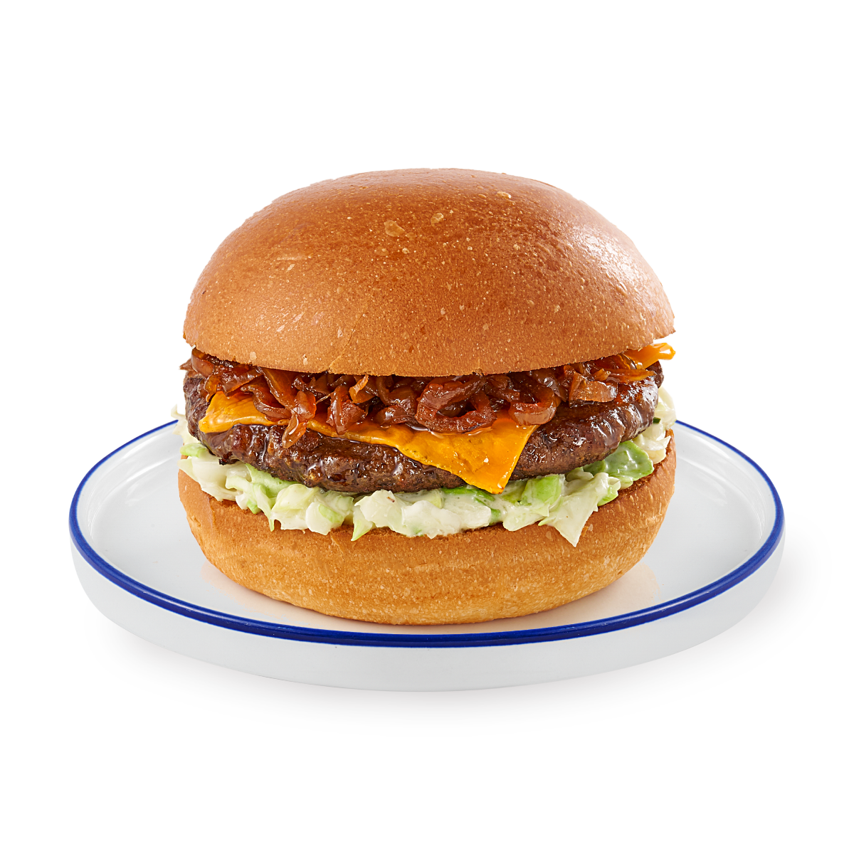Бургер Мелти Mates, сочная говяжья котлета, расплавленный сыр, салат коул-слоу, карамелизированный лук