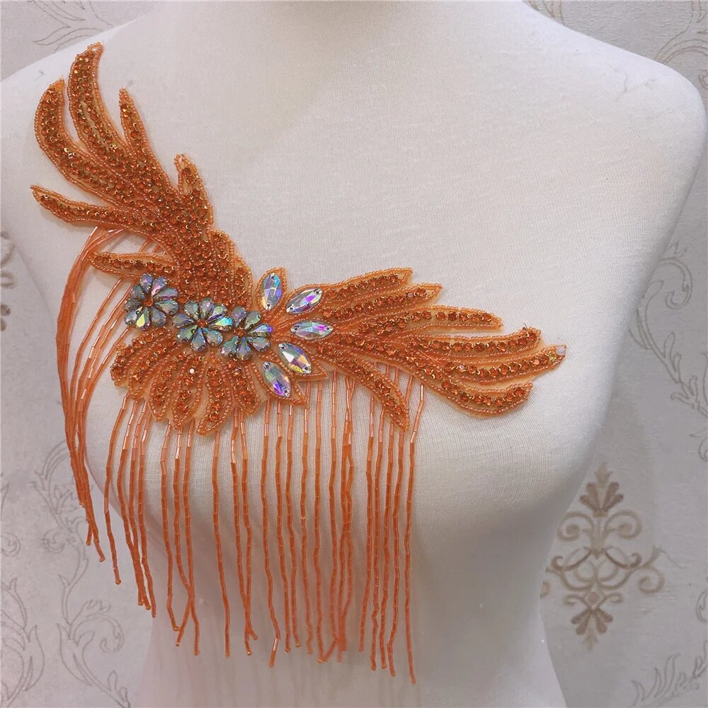2 шт. Аппликации из хрустальных бусин для отделки свадебного платья Оранжевый, D orange