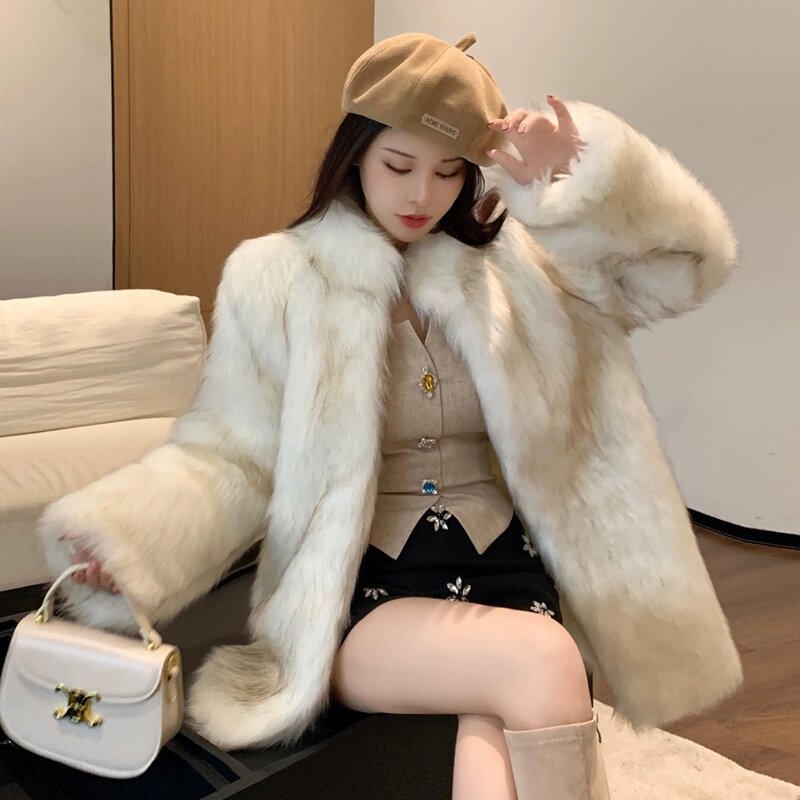 Зимняя новинка 2025 года, экологически чистая, пушистая, нежная шуба из искусственного меха лисы с воротником-стойкой