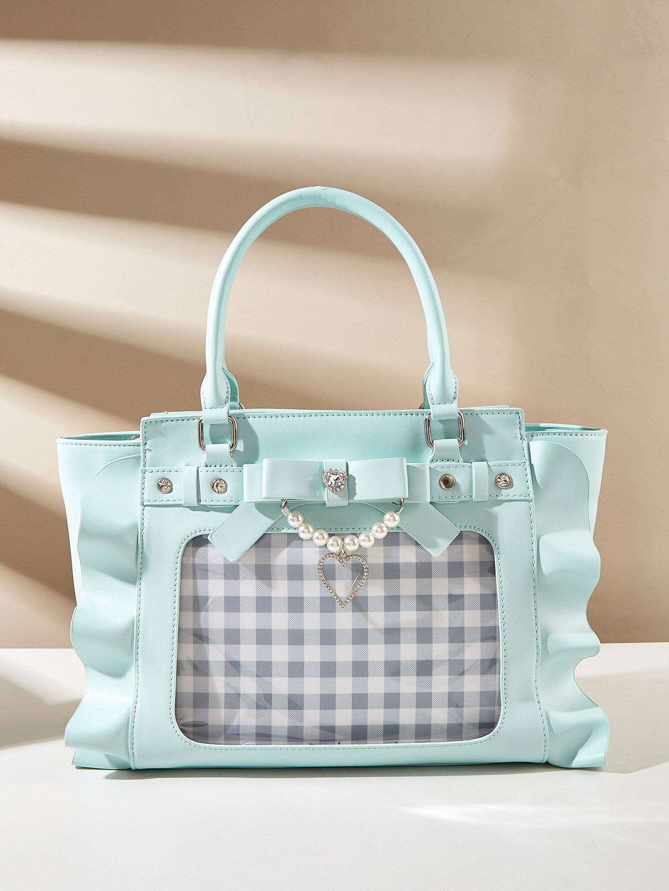 【В наличии PU】Японский стиль маленькая сумка в стиле Chanel с сердечком, маленькая вместимость, кружевная жемчужная женская сумка через плечо