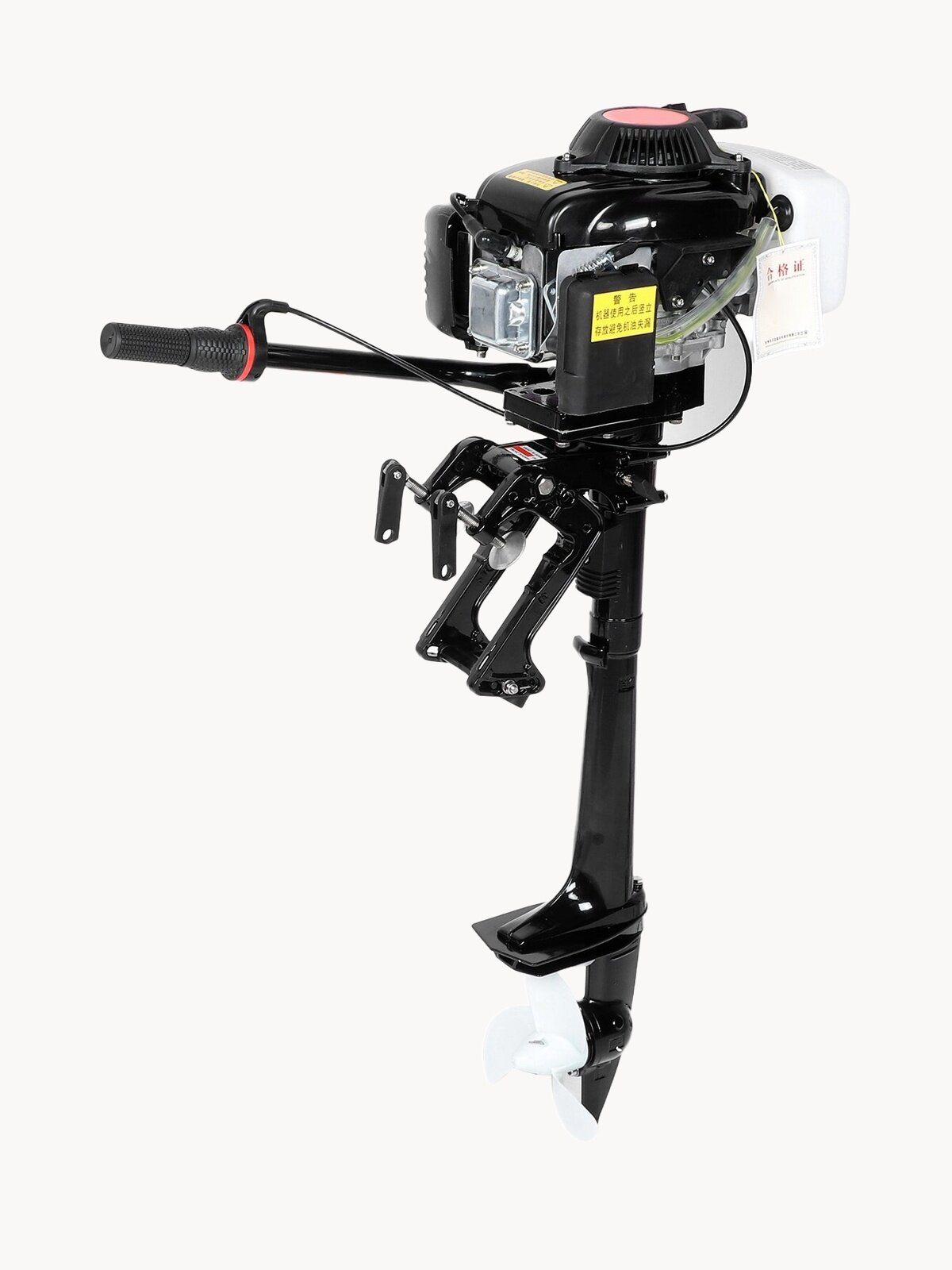 4-тактный подвесной мотор мощностью 4 л. с, гребной винт, система воздушного охлаждения, ручной запуск, вращение рулевого колеса на 360°.