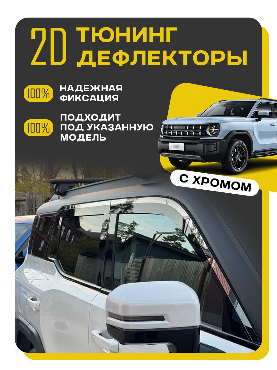 Плоские тюнинг дефлекторы с хромом для Haval H3 (2024-н. в) 2d дефлекторы / Ветровики на Хавал Н3. Комплект 6 шт