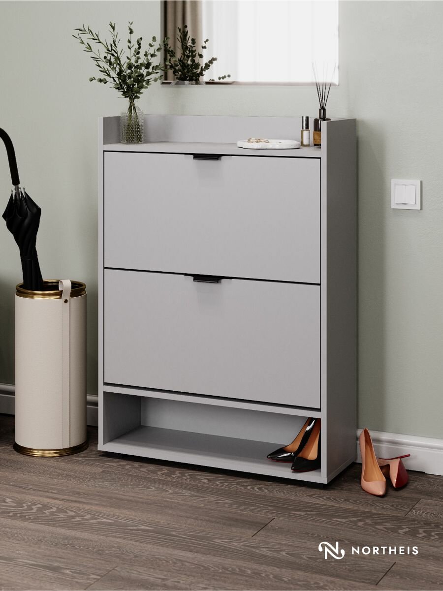 Обувница в прихожую узкая закрытая деревянная серая с открытой нишей