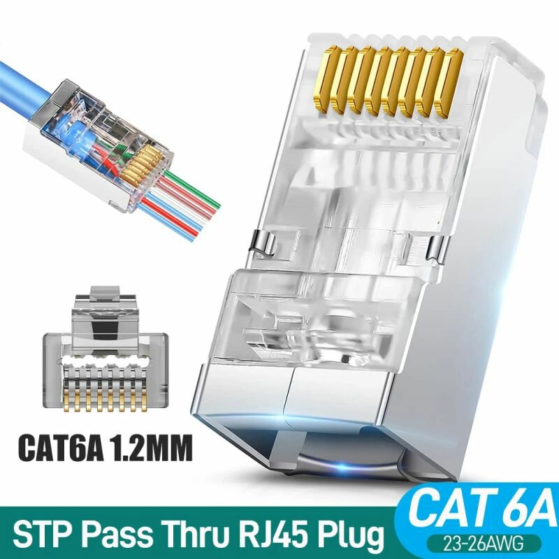 Разъем RJ45 CAT6A CAT6 Проходные модульные вилки STP 50U позолоченный сетевой разъем Ethernet для кабеля LAN