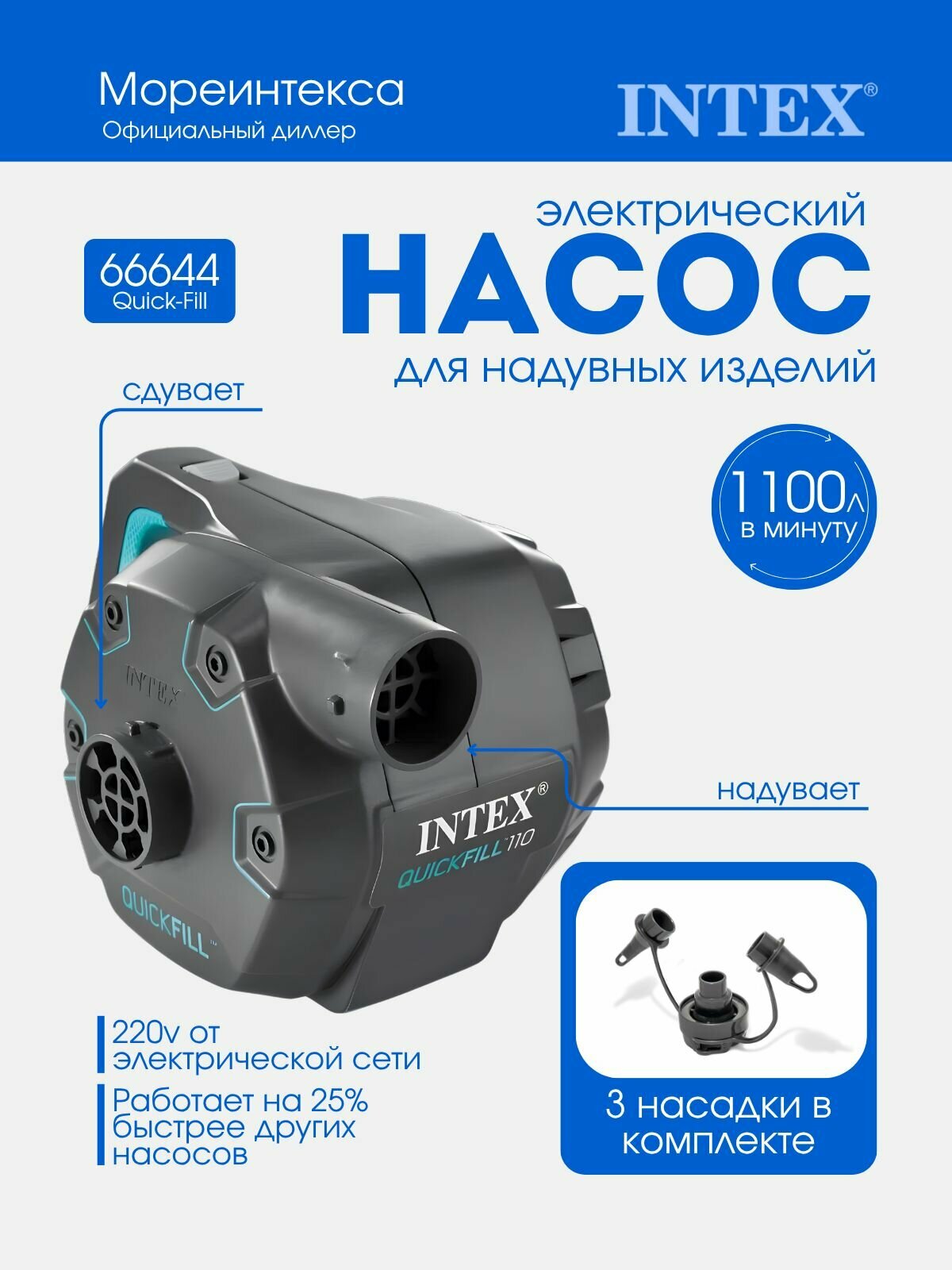 Насос электрический 220В "Quick-Fill AC" 1100л/м, 3 насадки + шланг-удлинитель в комплекте 66644