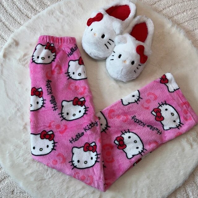 Пижамные штаны Sanrio Hello Kitty, черные, розовые, фланелевые, с рисунком аниме, женские, теплые, шерстяные, белые, повседневные, домашние, осенние, для девочек, Size, XL 57-67kg