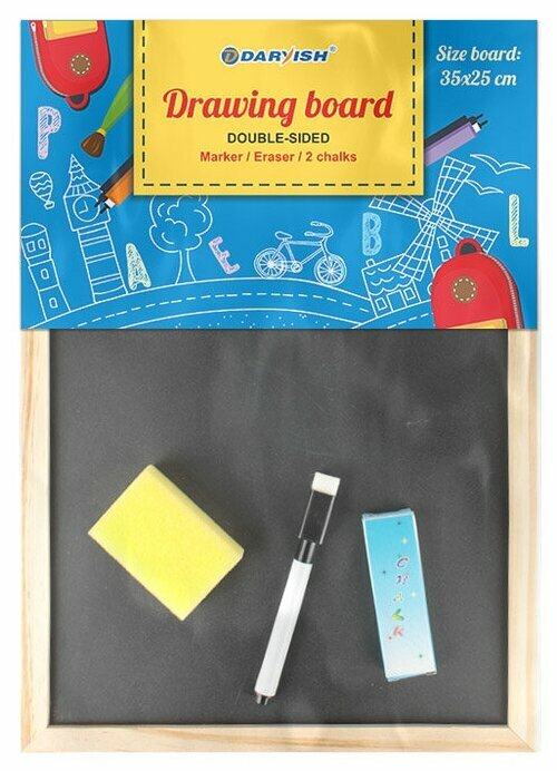 DV-9793 Доска для рисования двусторонняя маркерно-меловая 35*25см + губка + маркер + 2 мелка
