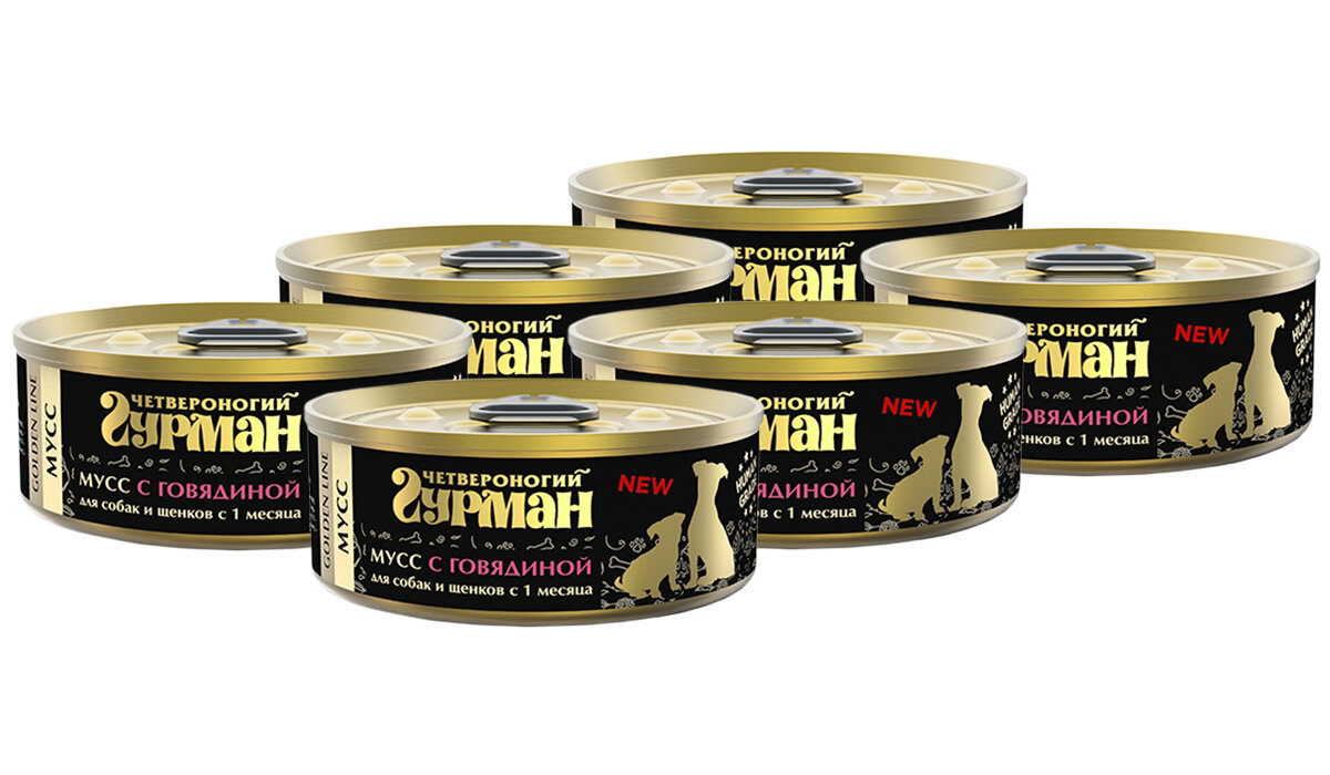 Корм влажный Четвероногий Гурман Golden Line для собак и щенков, мусс, говядина, 100 гр х 6 шт