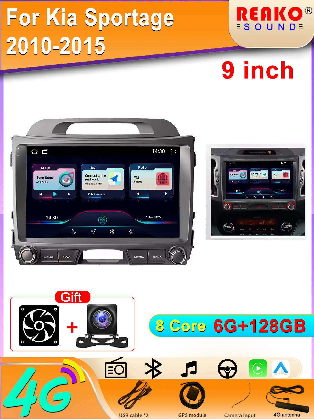 Магнитола для Kia Sportage 2010-2015 , с камерой заднего вида. IPS экран 9 дюймов, Wifi 2din с сенсорным экраном, usb и блютузом.
