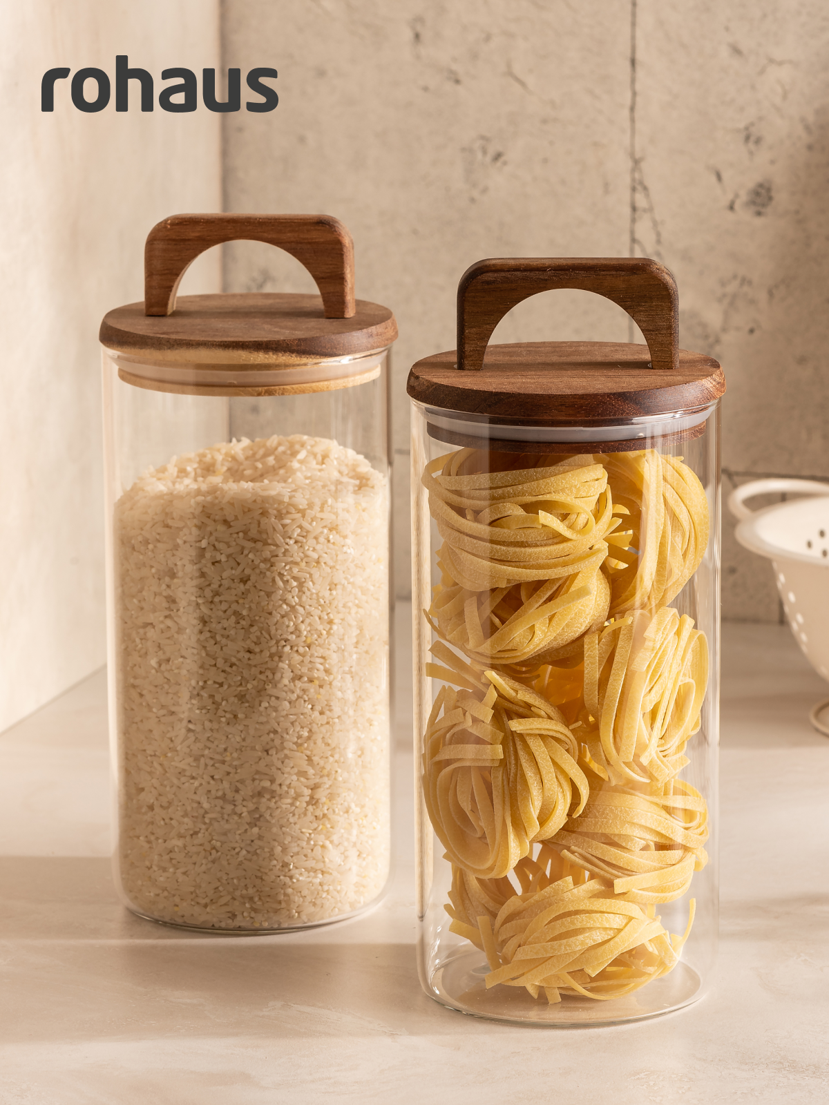 Набор из 2х банок из стекла Rohaus 1300мл для хранения еды и сыпучих продуктов с деревянной крышкой