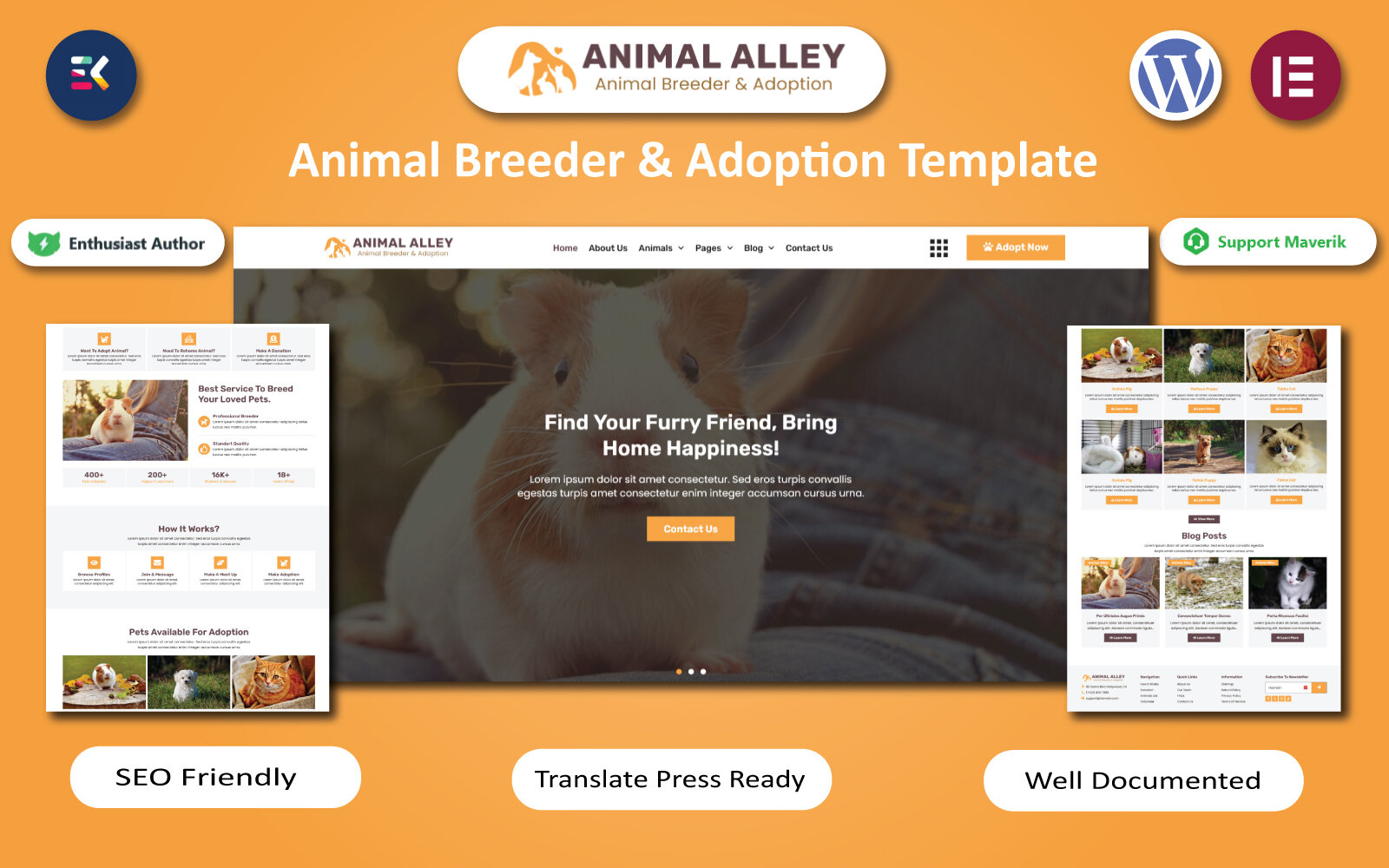 Подарочный сертификат на Шаблон для сайта Вордпресс с демоконтентом Animal Alley - Animal Breeder & Adoption WordPress Elememtor Template WordPress Theme