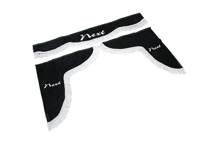 Ламбрекен лобовой длина 1.8 м. бархат с надписью NEXT + боковые (черный + белая бахрома)