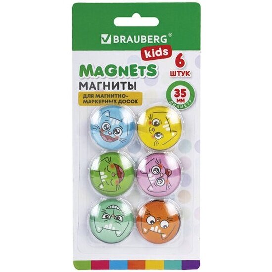 Магниты Brauberg KIDS стеклянные 35 мм для досок магнитно-маркерных, набор 6 шт, "3D Коты", круглые, блистер, 272516