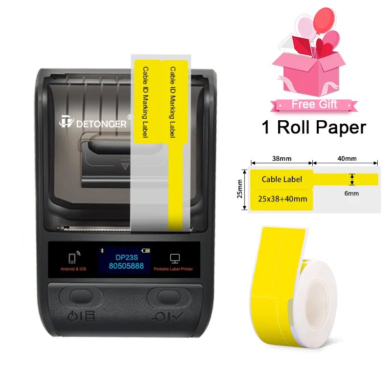 DETONGER DP23 Термопринтер для кабельных этикеток Европейская вилка (EU Plug), DP23S 1Roll 25x38Y