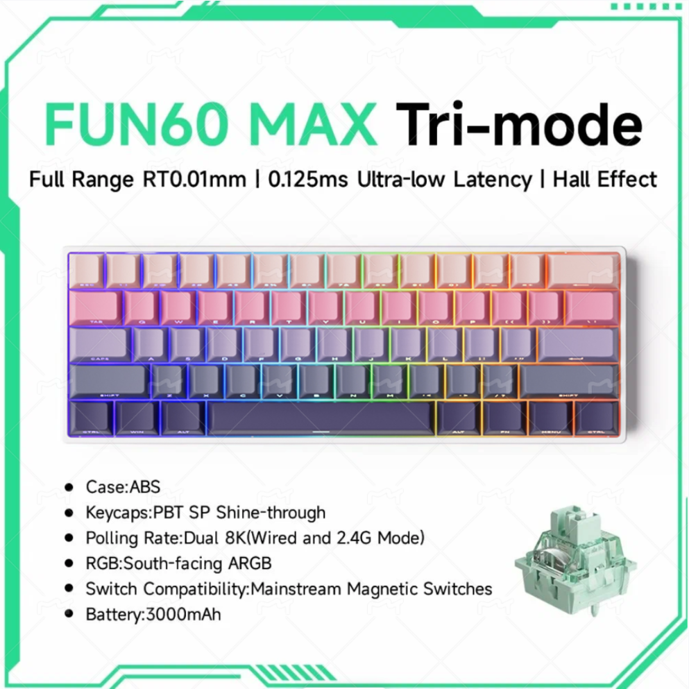 Трехрежимное подключение Akko MonsGeek FUN60 Max, двойной 8K, боковая гравировка, Светло-розовый фиолетовый