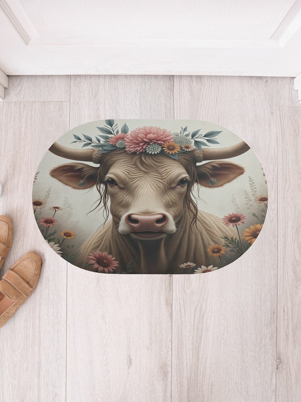 Коврик овальный в прихожую "Праздничная корова" 58x38 см, JoyArty