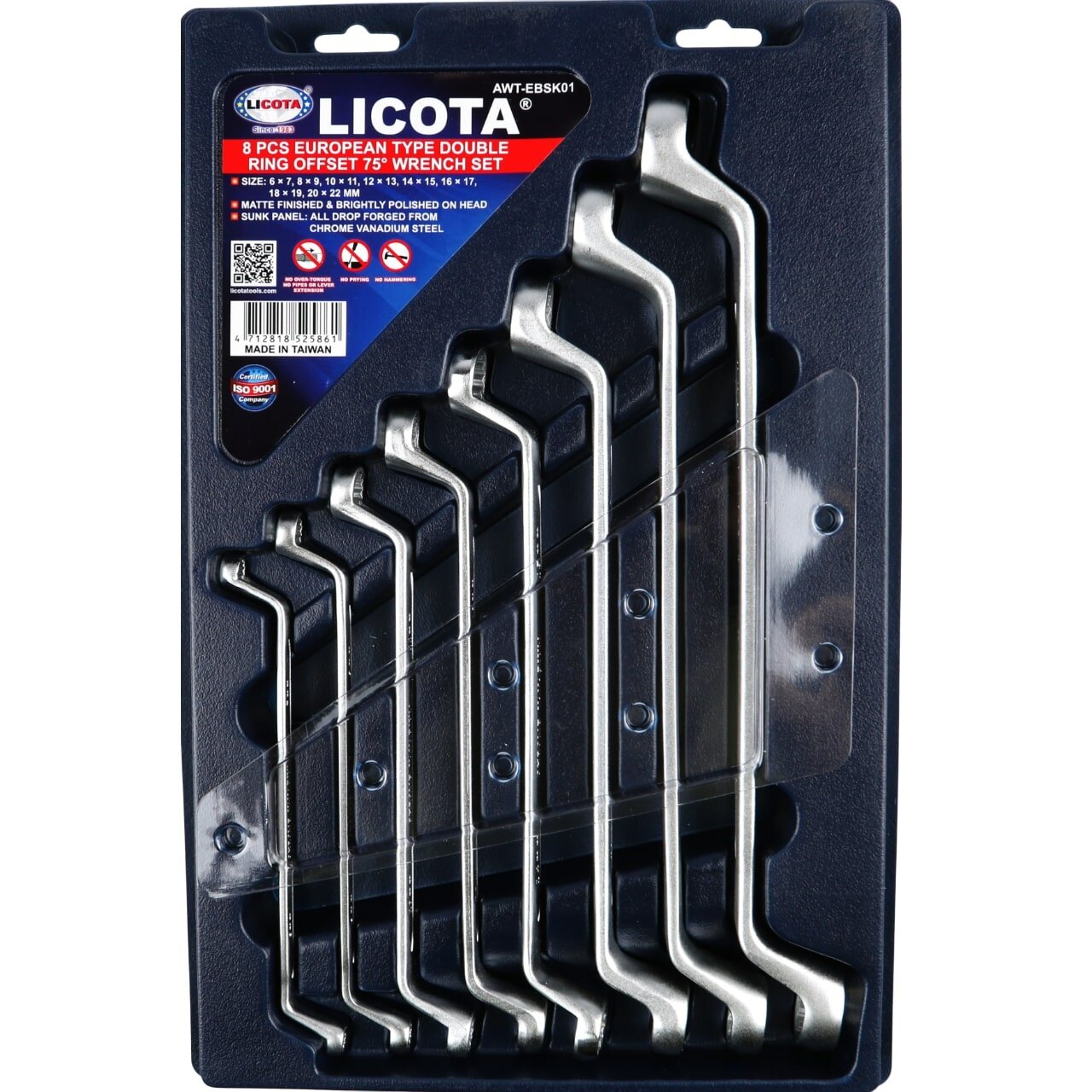 Licota AWT-EBSK01 Набор ключей накидных 75гр. 6-22 мм в пластиковой подложке 8пр