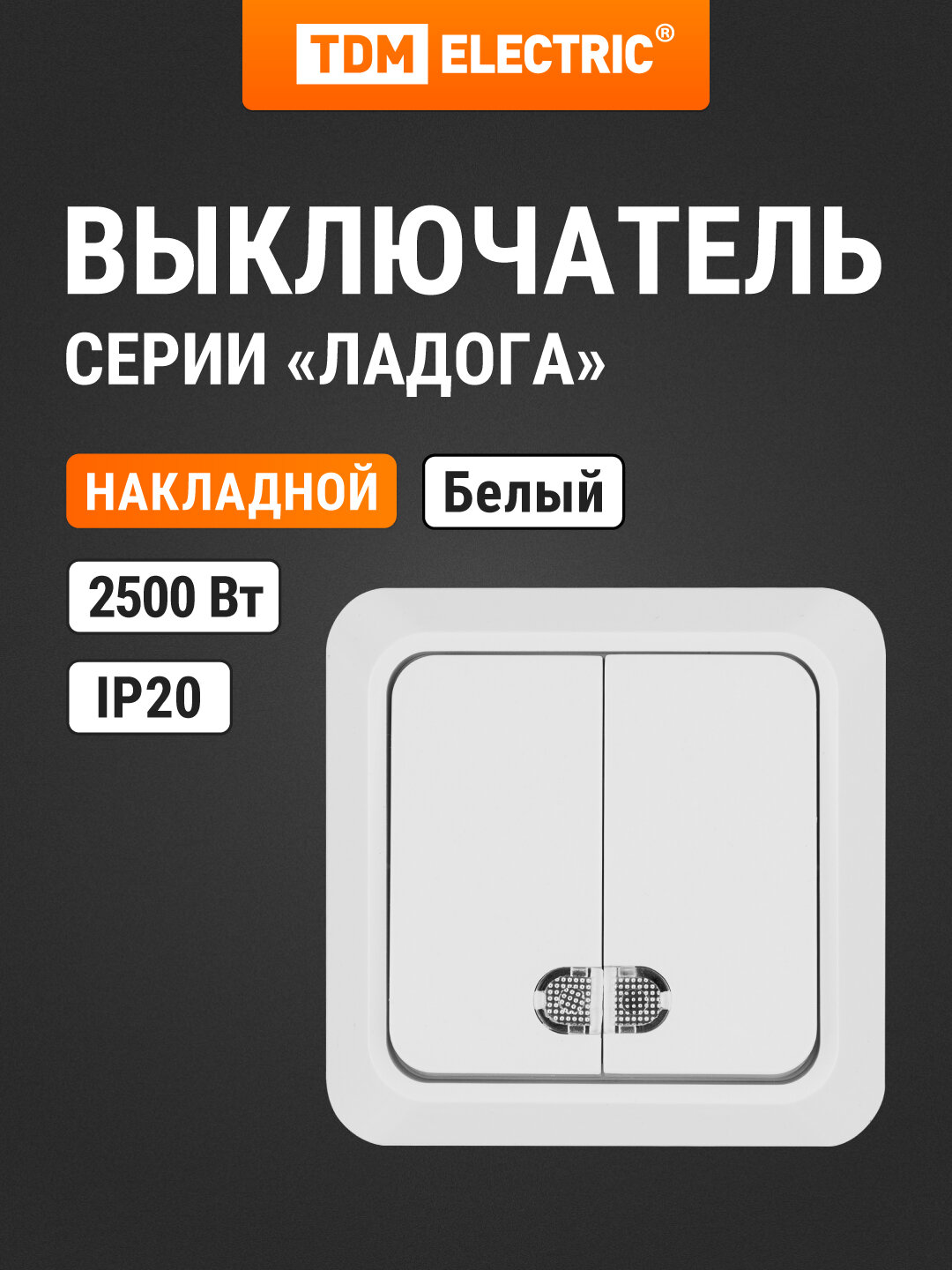 Выключатель 2-кл. открытой установки с подсветкой IP20 10А, белый серия "Ладога" TDM Electric