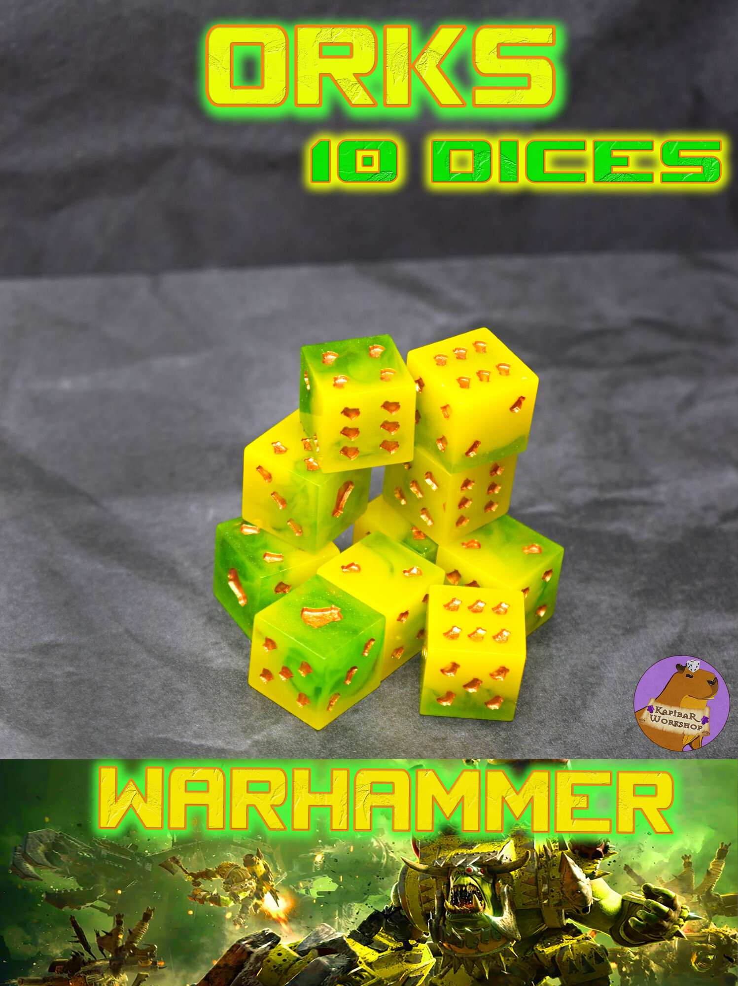 "Orks" Дайсы Игральные кубики для настольных игр и варгеймов (Warhammer Dice Set) 10 D6 15мм.