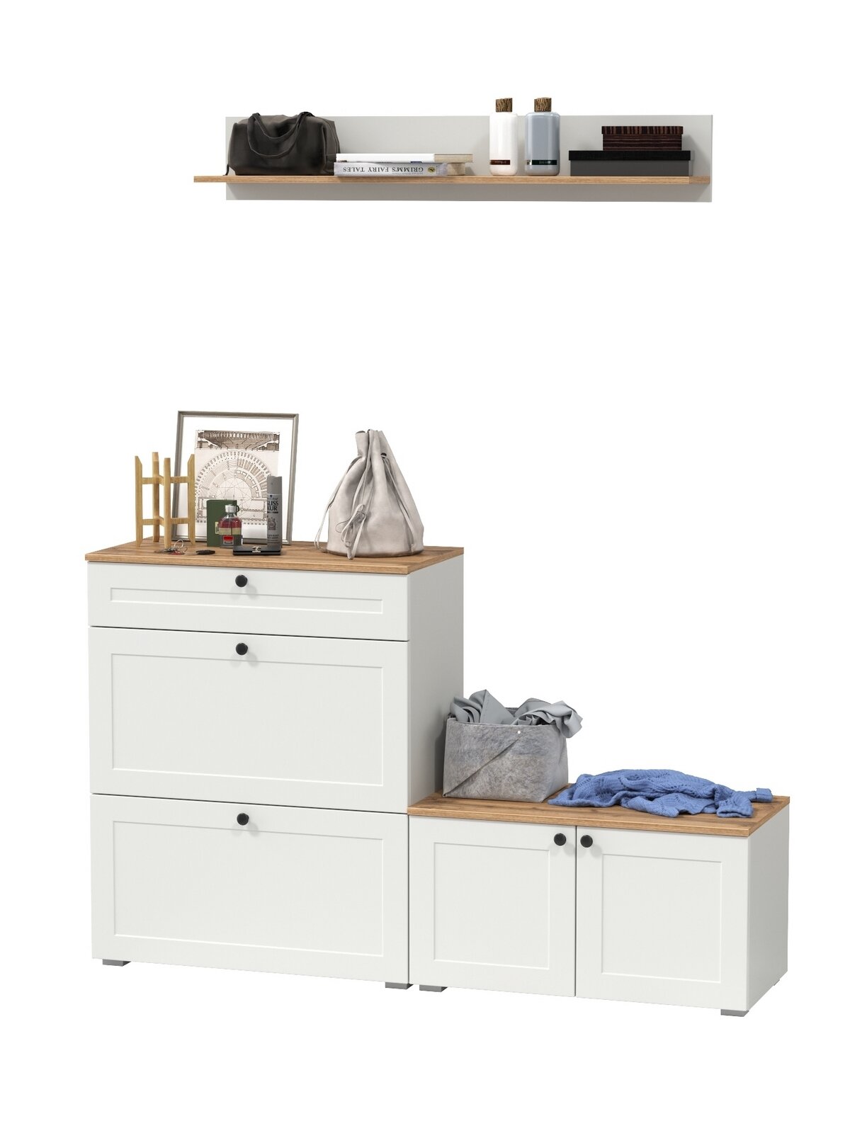 Остин обувница с тумбой с дверками и верхней полкой, белый шагрень/дуб крафт золотой, 160х41,9х160 см.