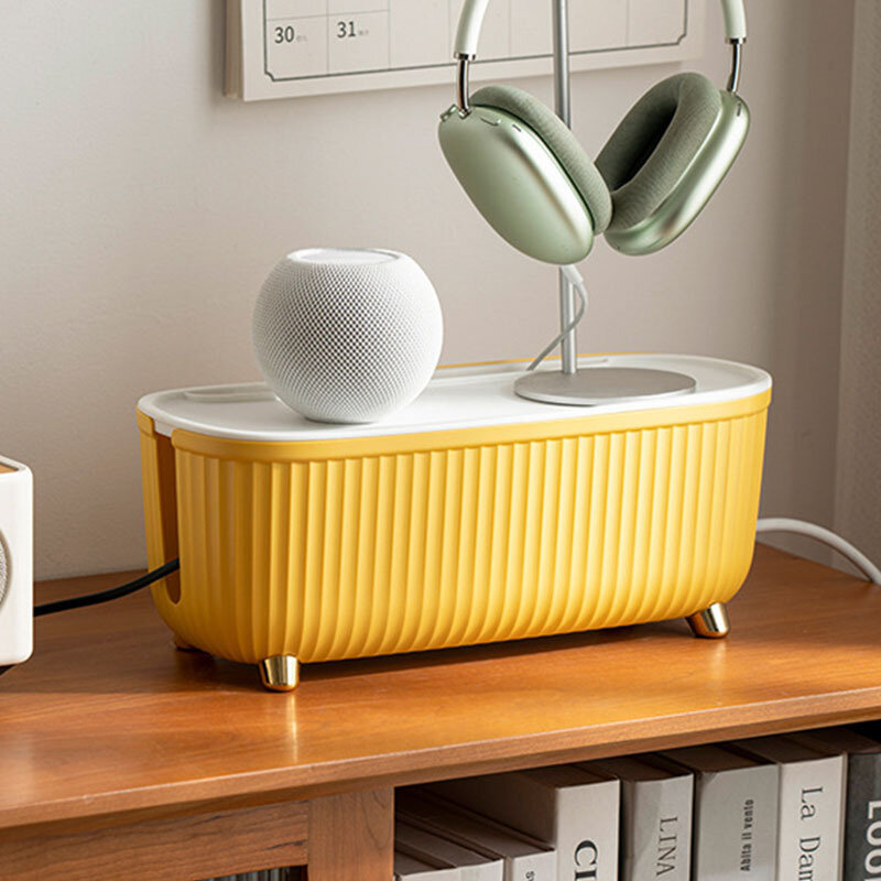 Ящик для хранения проводов Лайт Люкс, ящик для концентратора розеток и проводов питания для офисного стола, новый пластиковый ящик для управления кабелями данных (Лимонно-желтый + Белый, Уширение и повышение: 34,9x15x13,6 см)