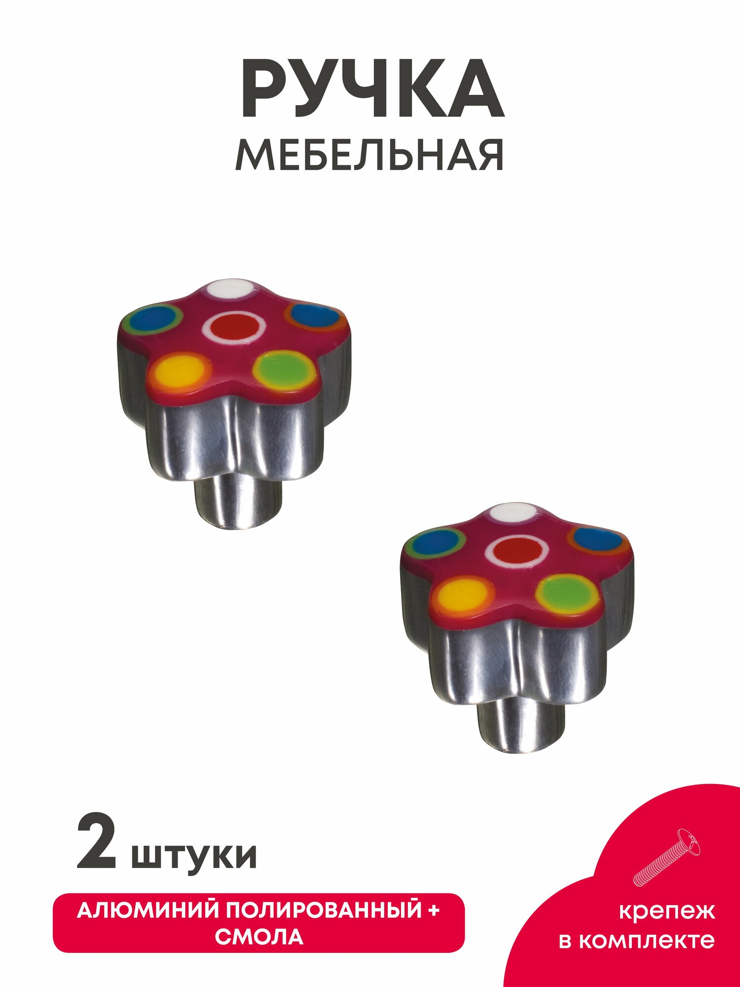 Мебельная ручка-кнопка макмарт, отделка алюминий полированный + смола, 2 шт