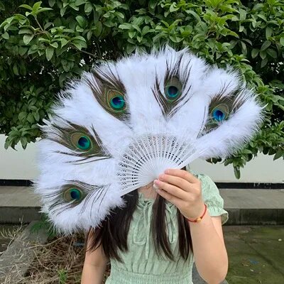 Складной веер с павлиньими перьями G30 53x30cm