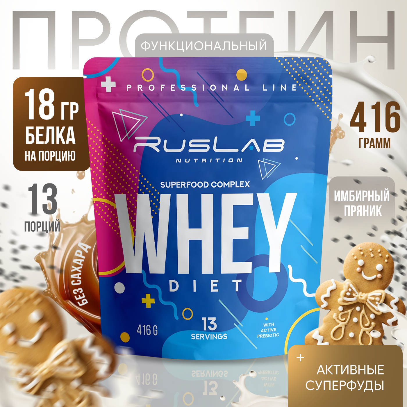 DIET WHEY протеин сывороточный, белковый коктейль для похудения, заменитель пищи (416 гр), вкус имбирный пряник