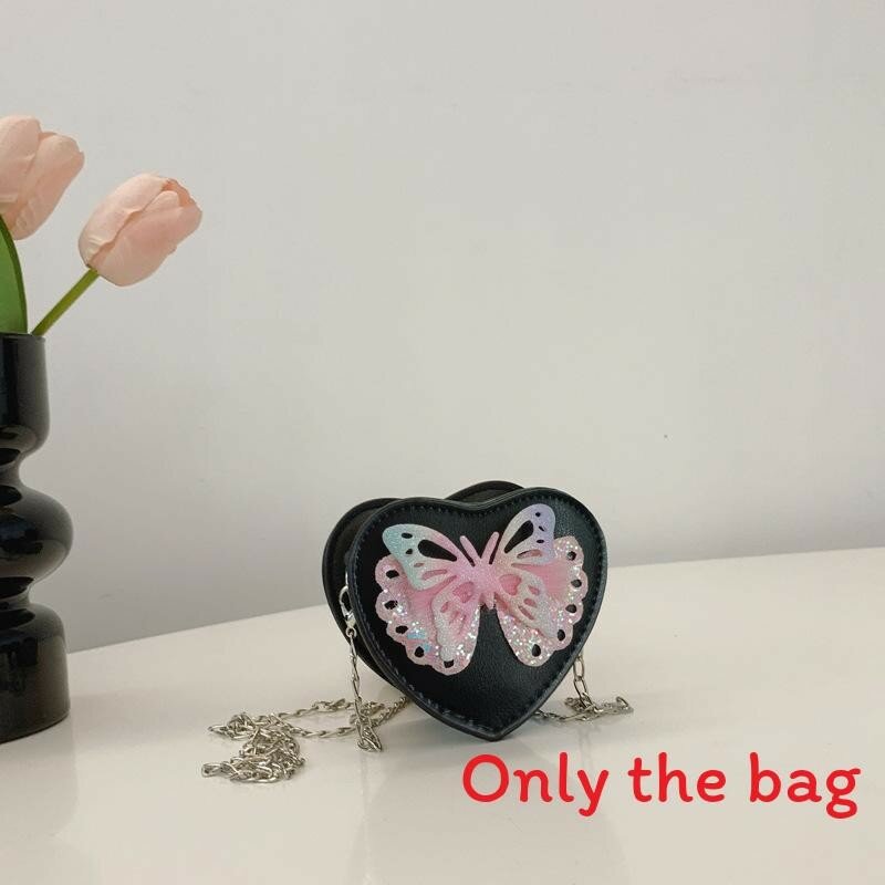 Girl fashion leather small shoulder bag with heart and butterfly elements for casual events, black