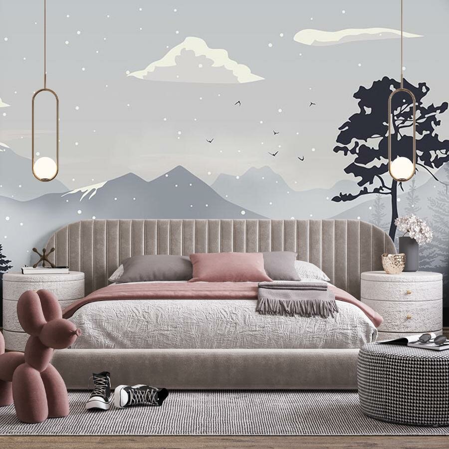 Фотообои Горы в тумане за лесом 14-348-L-Холст 270 x 400 см (ВхШ) Бесшовные, флизелиновые, влагостойкие обои MasterFresok