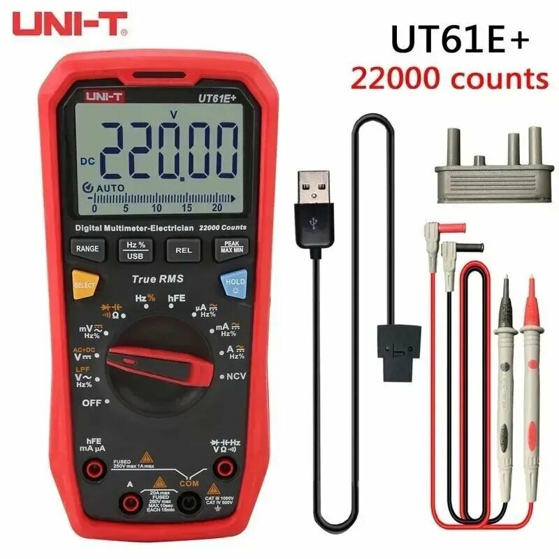 UT61E+ UNI-T Цифровой профессиональный True RMS Датчик тока с автоматическими диапазонами измерения сопротивления, напряжения, тока, ёмкости конденсаторов, звуковой прозвонки, NCV, частоты