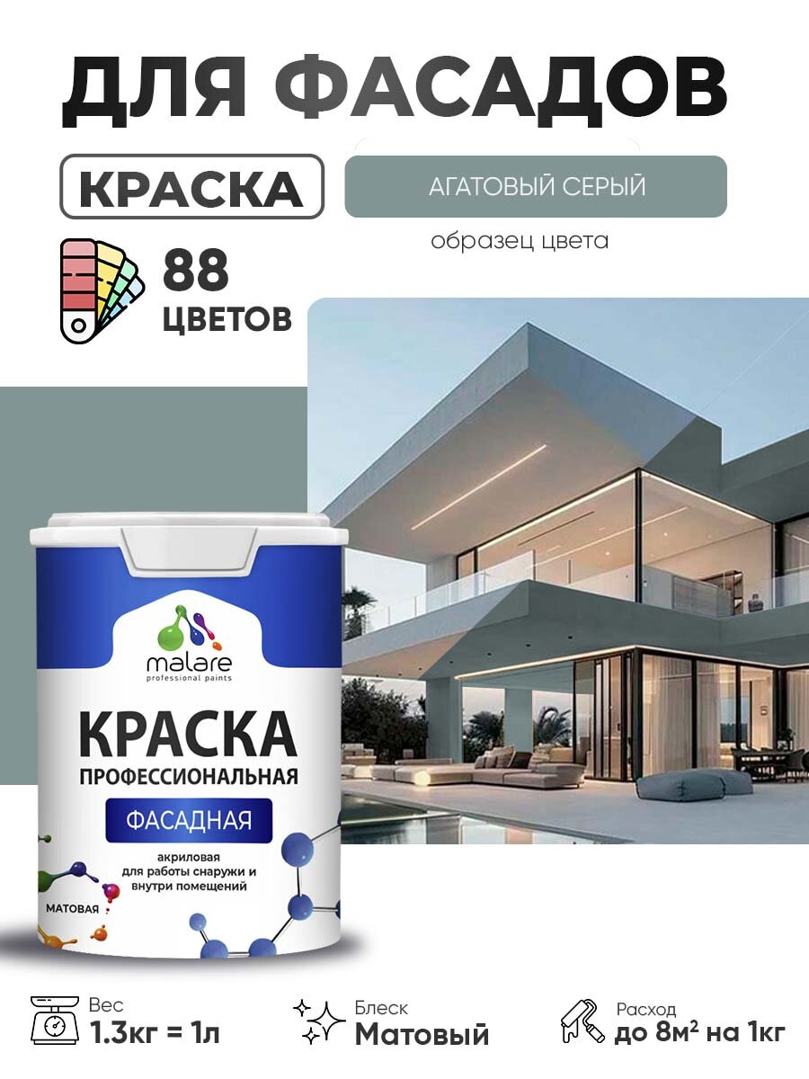 Краска Malare Professional фасадная по дереву, бетону и штукатурке, для камня и кирпича, без запаха, матовая, агатовый серый, (1л - 1.3кг)