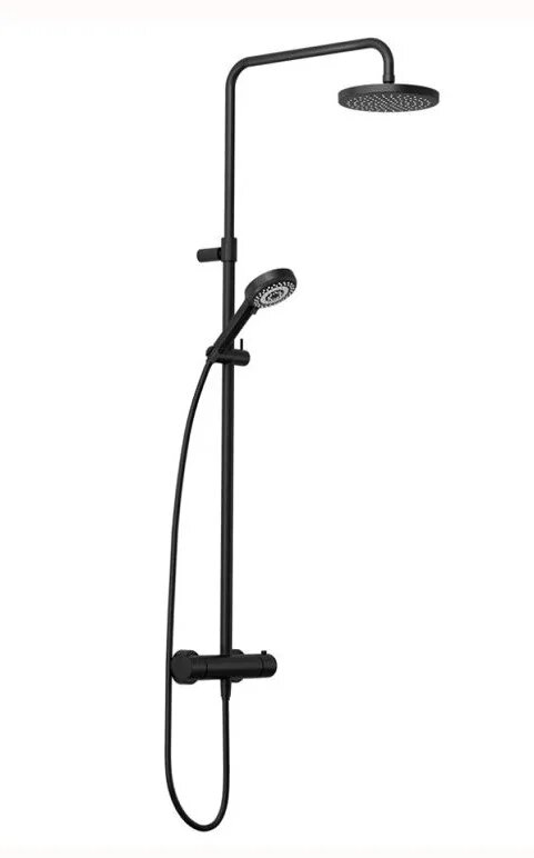 Душевая стойка Kludi DIVE S 6807939-00 со смесителем, термостатическим, черная, матовая, душевая система с тропическим душем, с лейкой, латунная