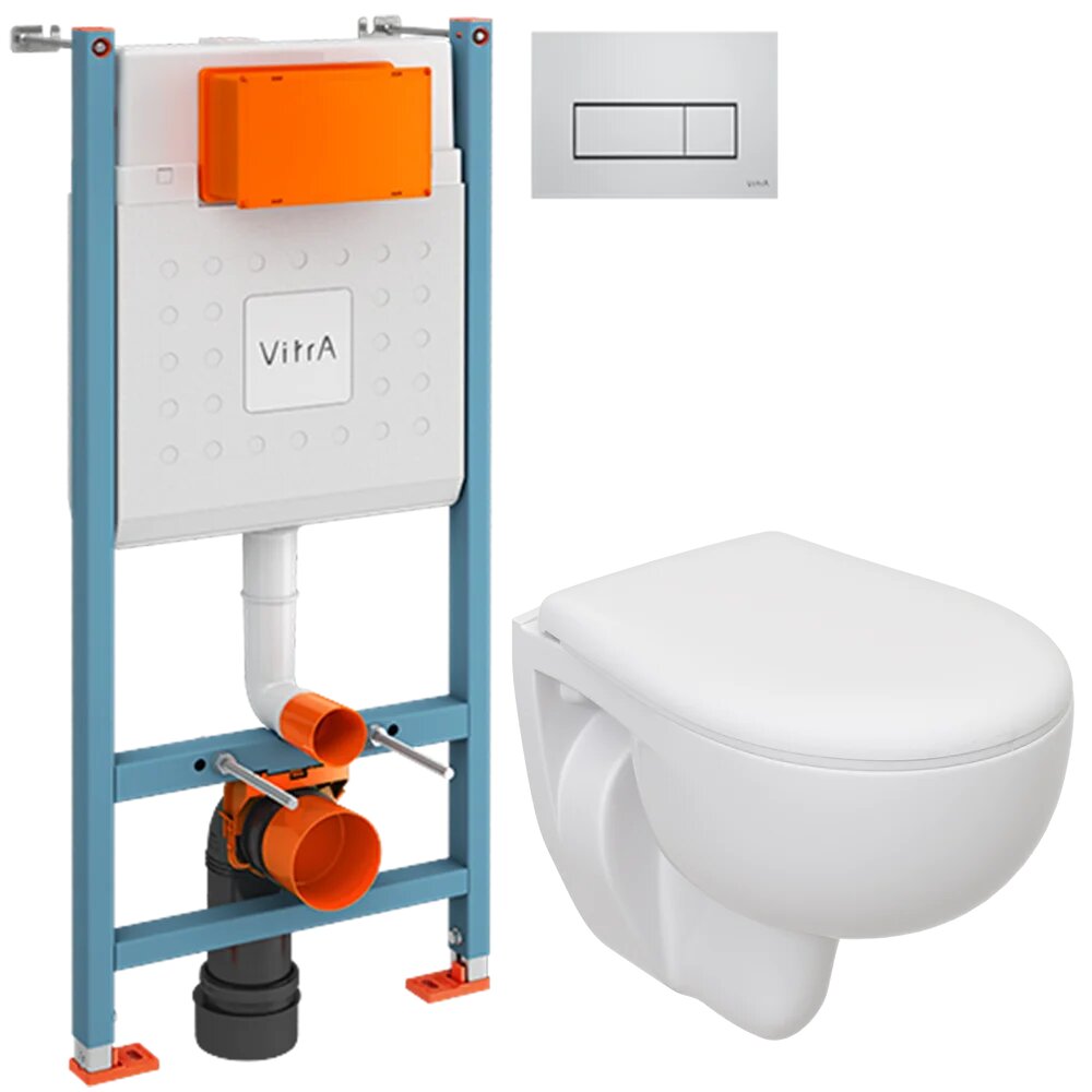 Комплект 3 в 1 Унитаз подвесной Seramiksan Natura A051041H / Сиденье AG50002 / Инсталляция с кнопкой VitrA V-Fix Core 738-5800-01 цвет хром глянец
