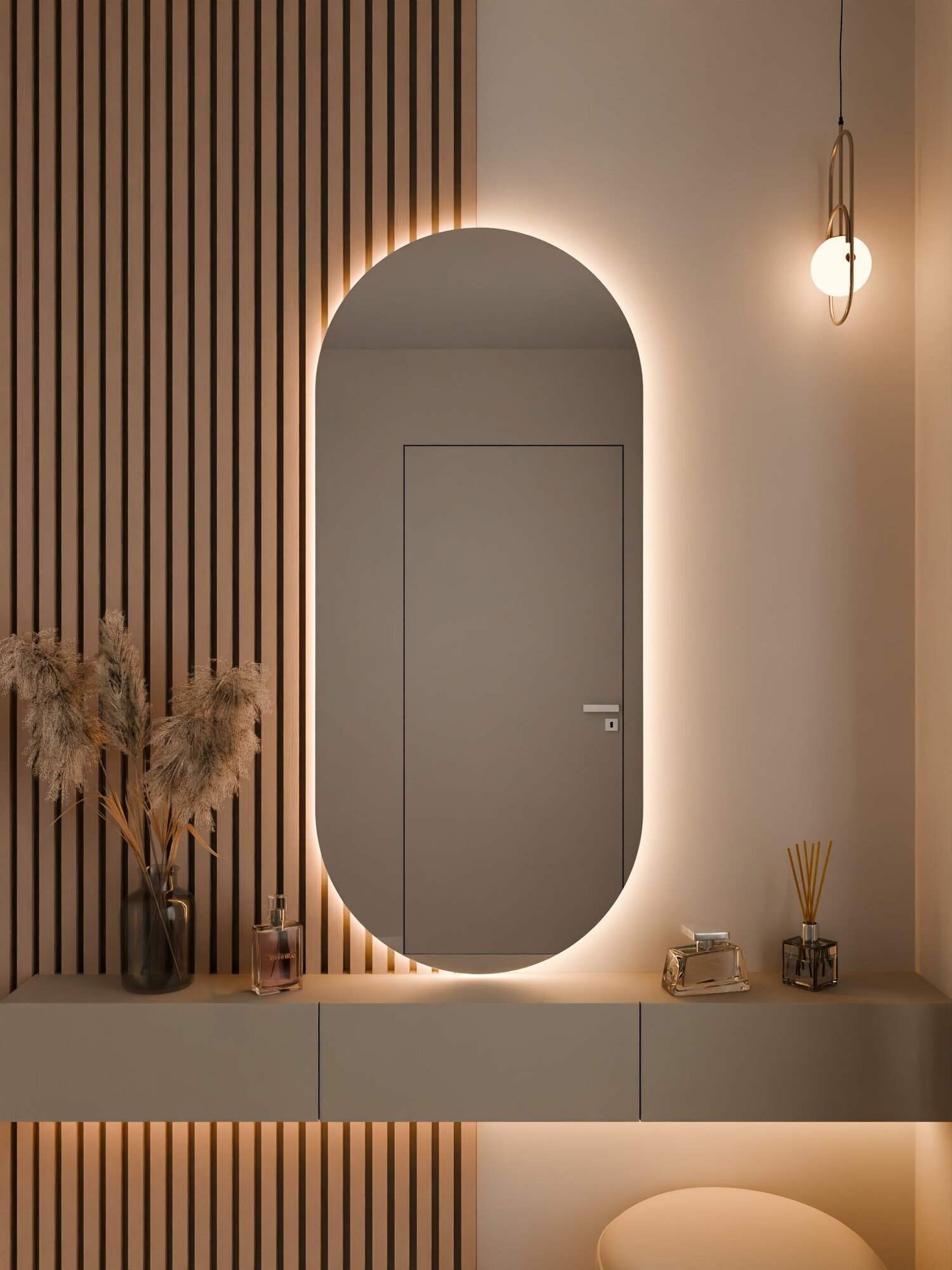 Зеркало настенное 130х60 см. теплый свет 3000К овальное с подсветкой М6 MOONRISE