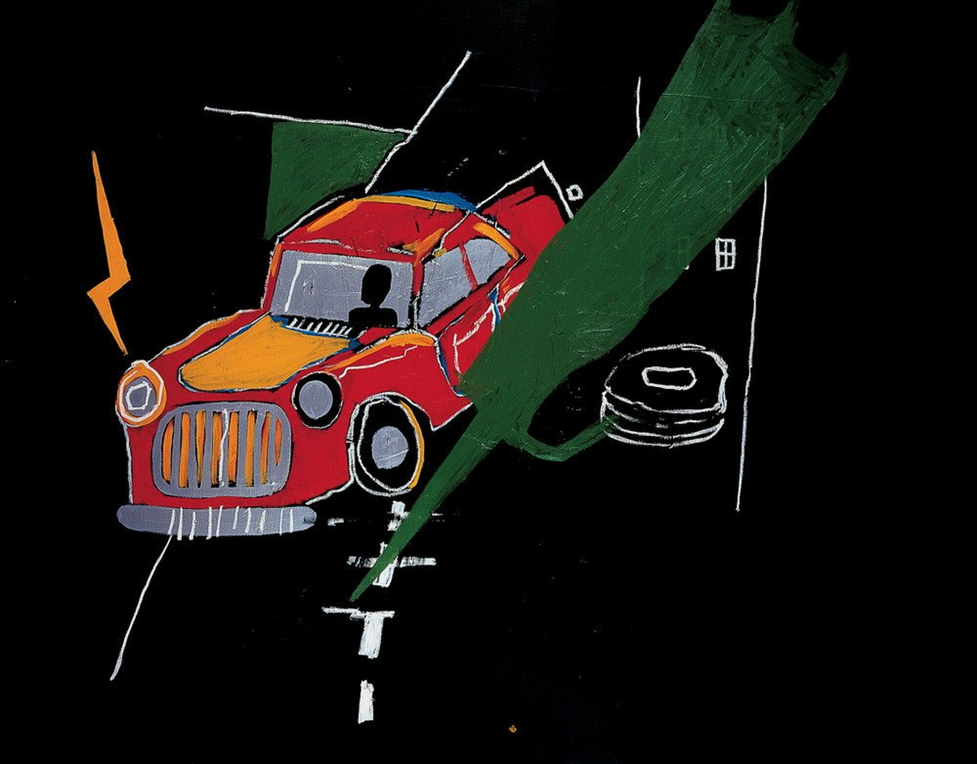 Плакат, постер Жан-Мишель Баския: красный автомобиль в чёрном вихре на бумаге, размер 21х30см