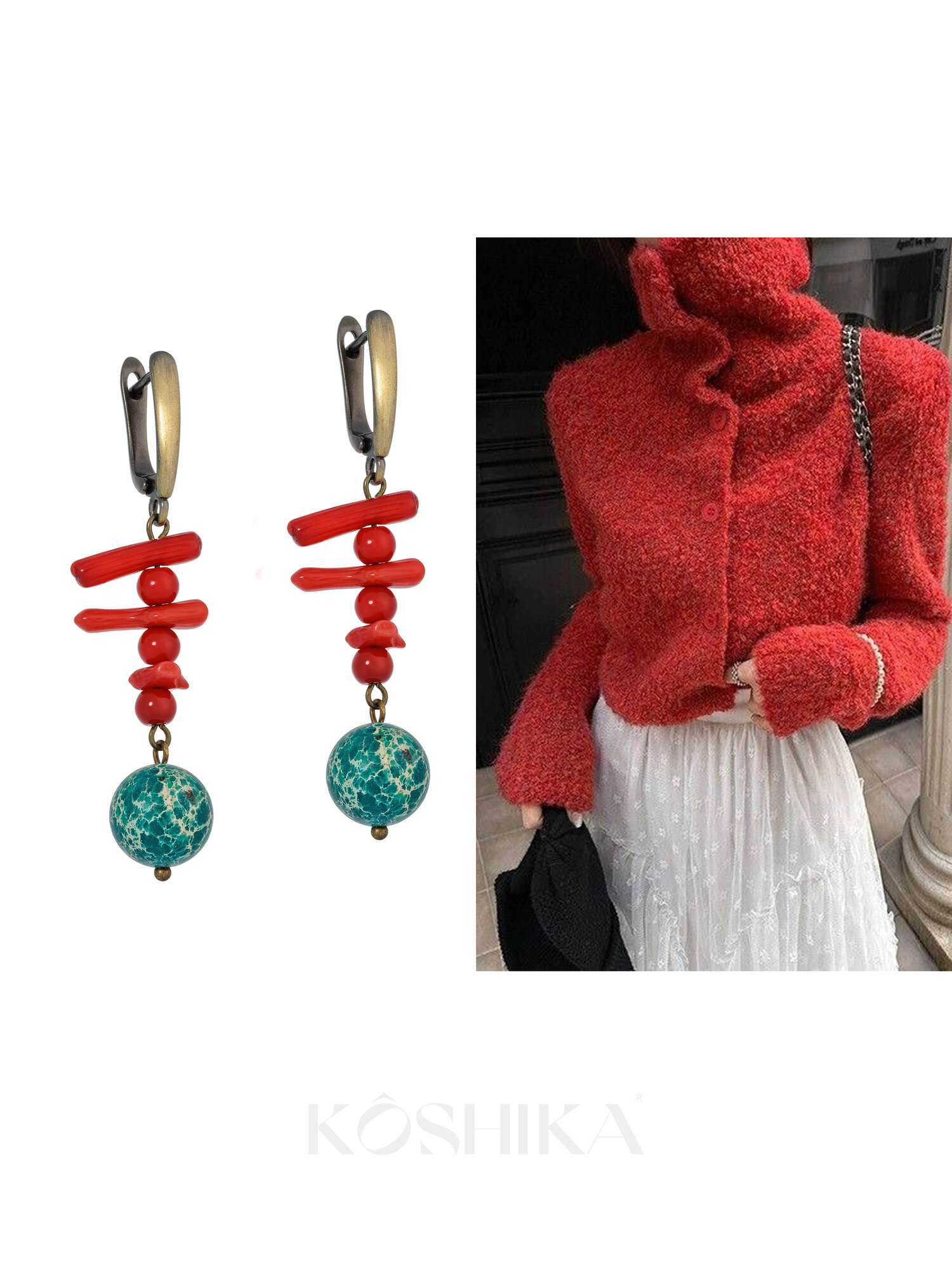 Серьги с подвесками, коралл синтетический, варисцит, коралл