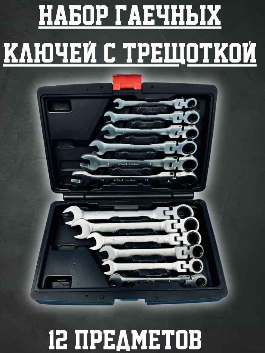 Набор гаечных ключей, трещотка, с пластиковой коробкой, черный