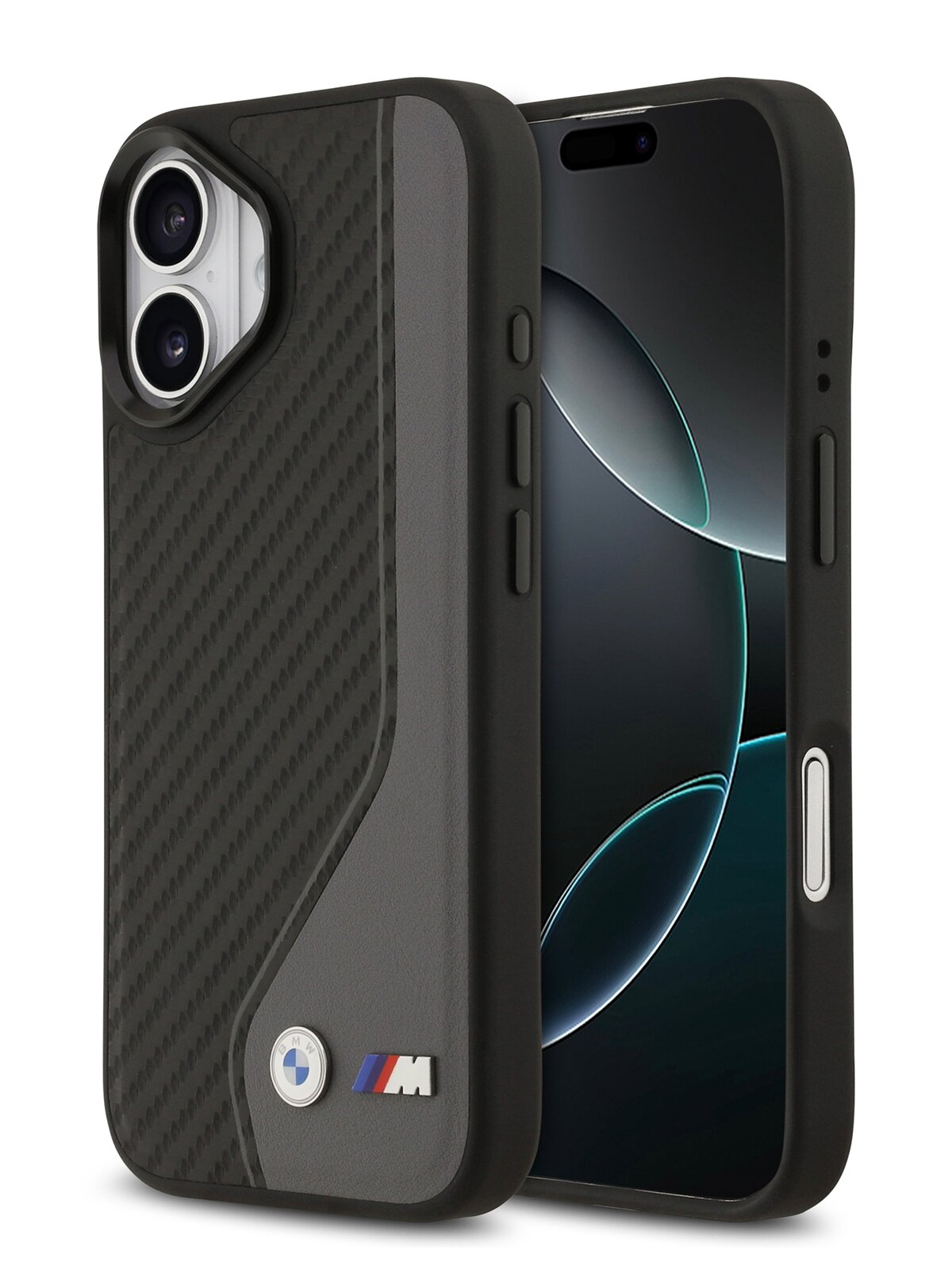 BMW чехол с MagSafe для iPhone 17, M-series из кожи PU Carbon/Smooth, черный/серый