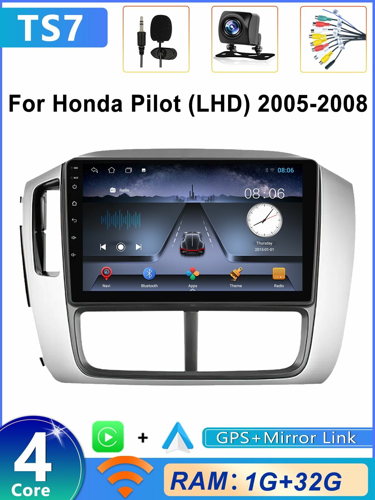 Автомагнитола Honda Pilot 2005-2008, Bluetooth Wi-Fi Сенсорные кнопки , Серебристый CARPLAY IPS