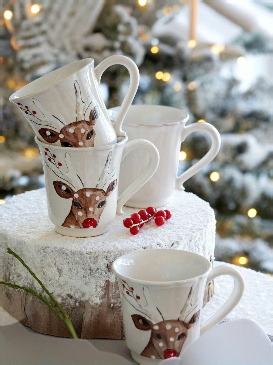 Кружка, чашка с ручкой, рисунок "снег" Costa Nova "Deer Friends" 1 шт, 320 мл. Ударопрочная, профессиональная керамика. Для чая, кофе, капучино, латте. Португалия