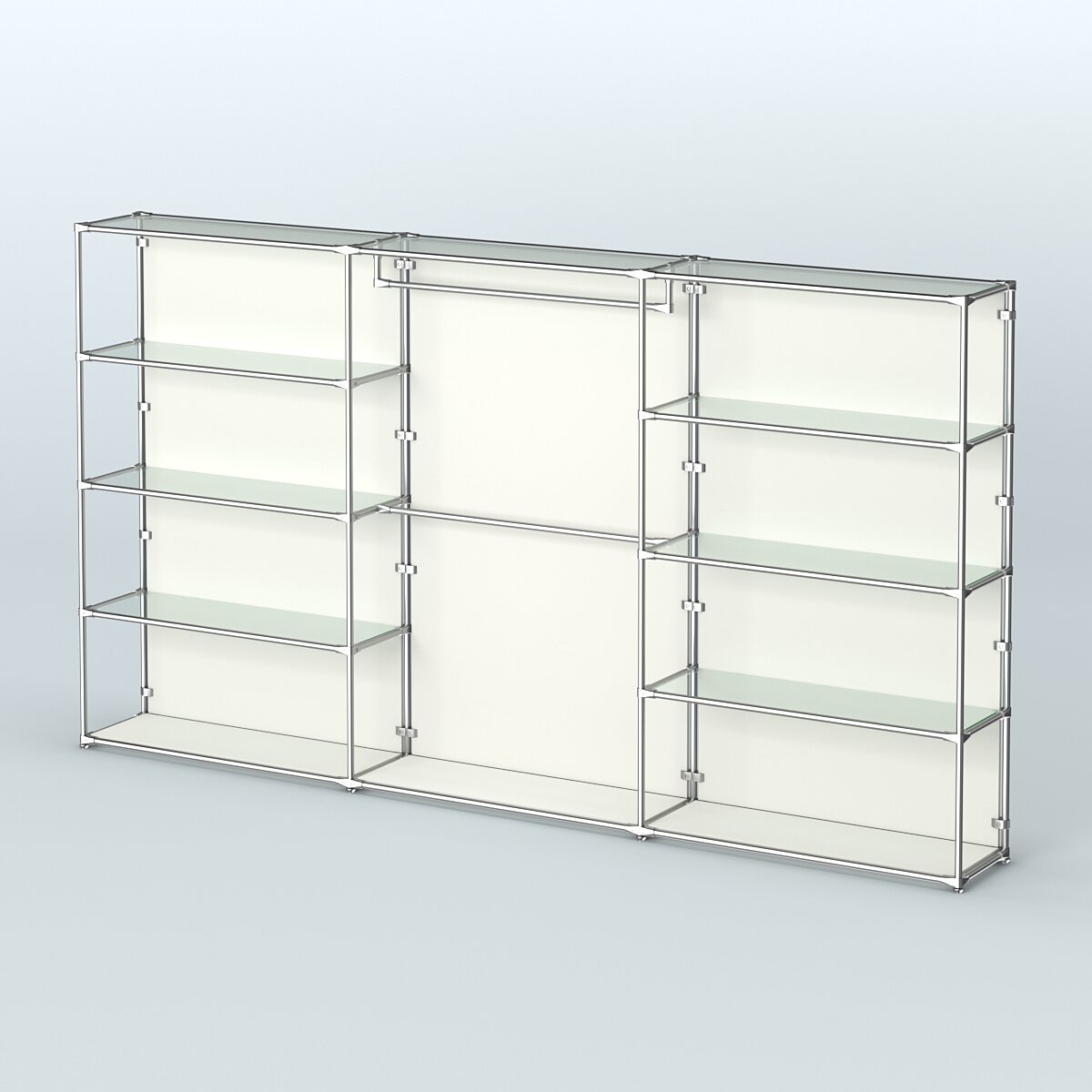 Торговая система хром (задняя стенка - ДСП) 3600 мм с прозрачными полками и поручнями №1, Белый